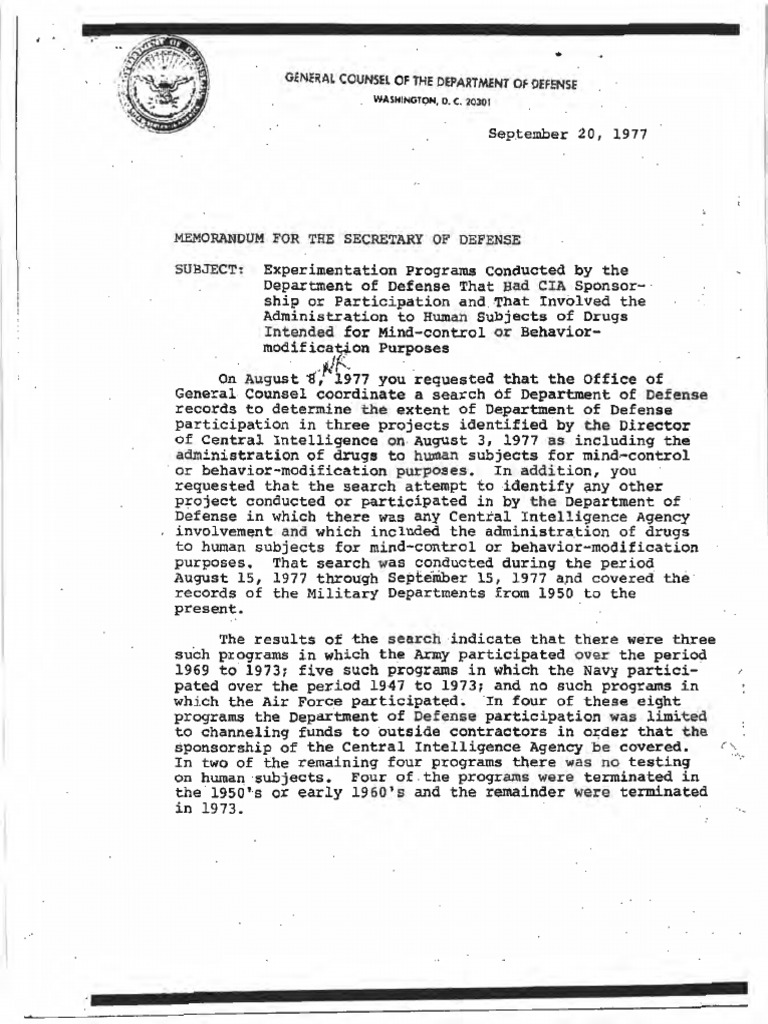 Dod Memorandum Mkultra 1977 | PDF | Armed Conflict | Wellness