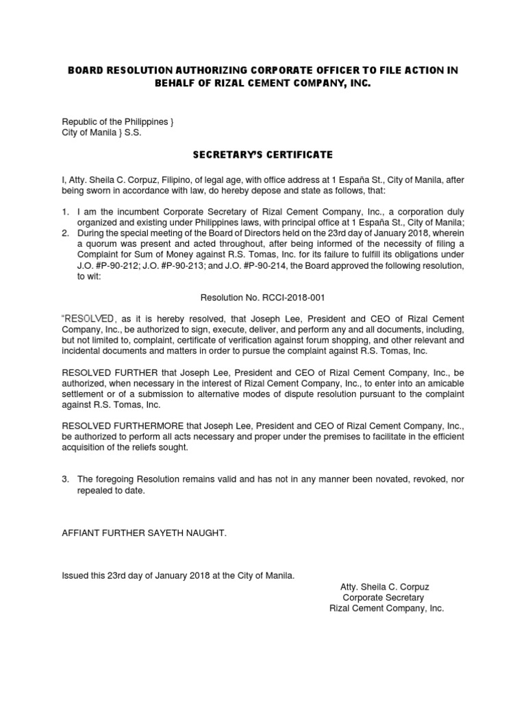 Board Resolution Authorizing Corporate Officer To File Action in Behalf ...