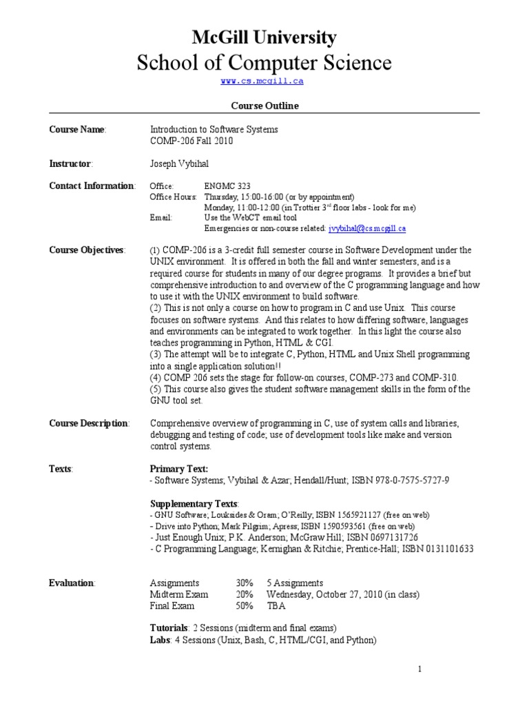 Comp 206 Course Outline 2 Pdf C Programming Language Unix 