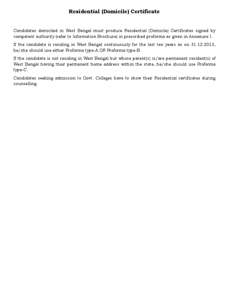 Proforma for Residential Domicile Certificate | Permanent Residence ...
