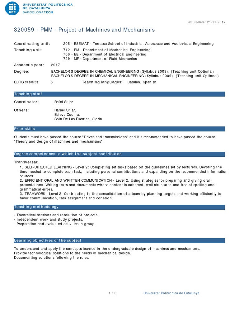 PMM - Project of Machines and Mechanisms: Teaching Unit: Coordinating ...