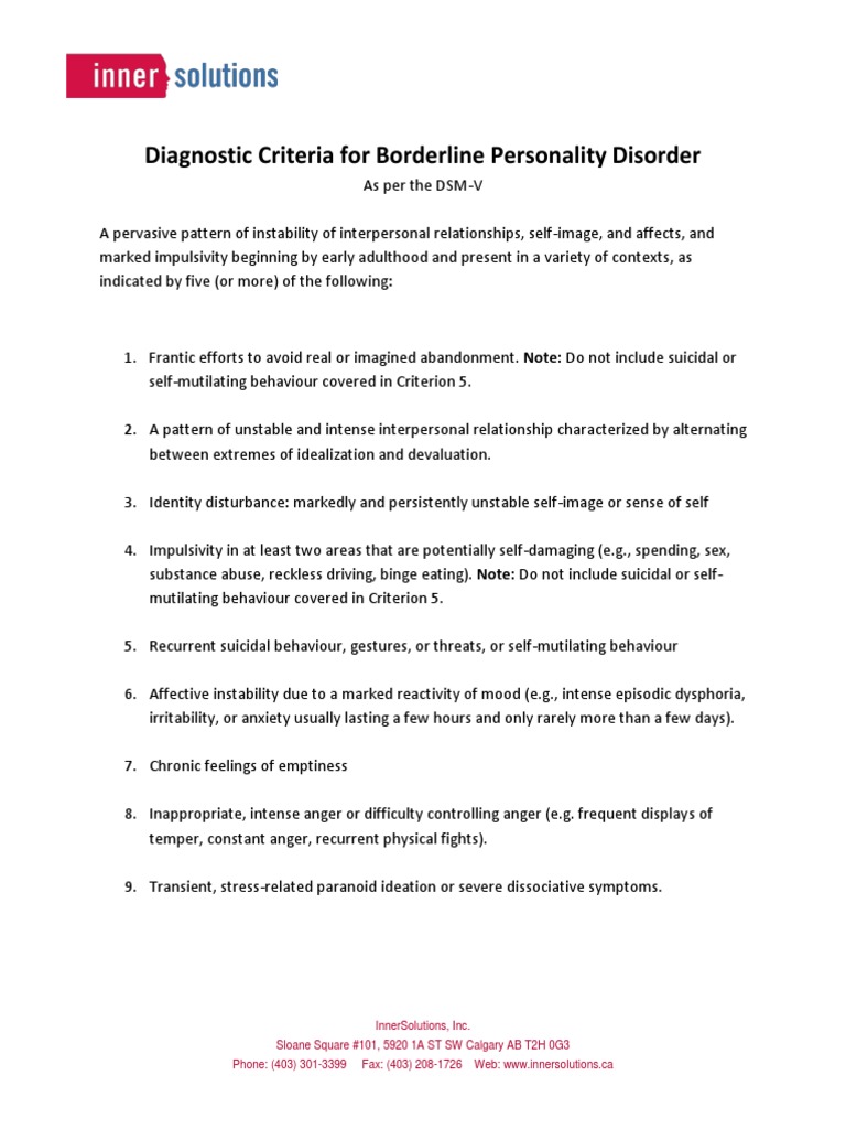 Diagnostic Criteria For Borderline Personality Disorder | PDF