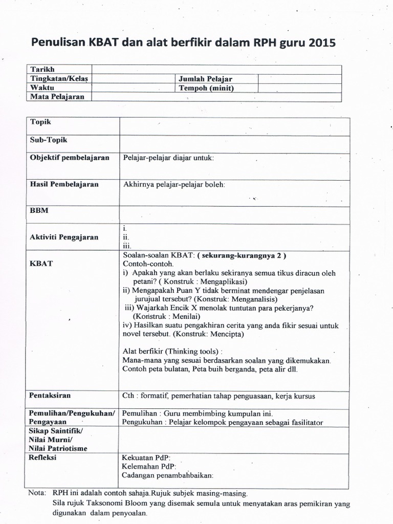 Contoh Penulisan RPH - KBAT | PDF