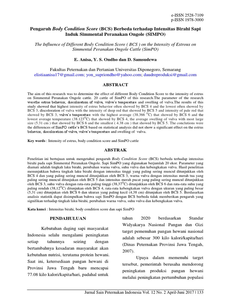 Pengaruh Body Condition Score (BCS) Berbeda Terhadap Intensitas Birahi Sapi Induk Simmental ...