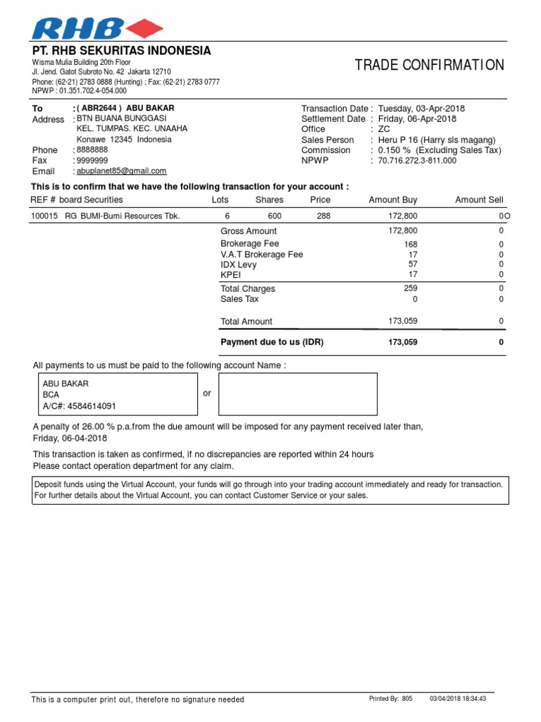Trade Confirmation: Pt. RHB Sekuritas Indonesia | Download Free PDF ...