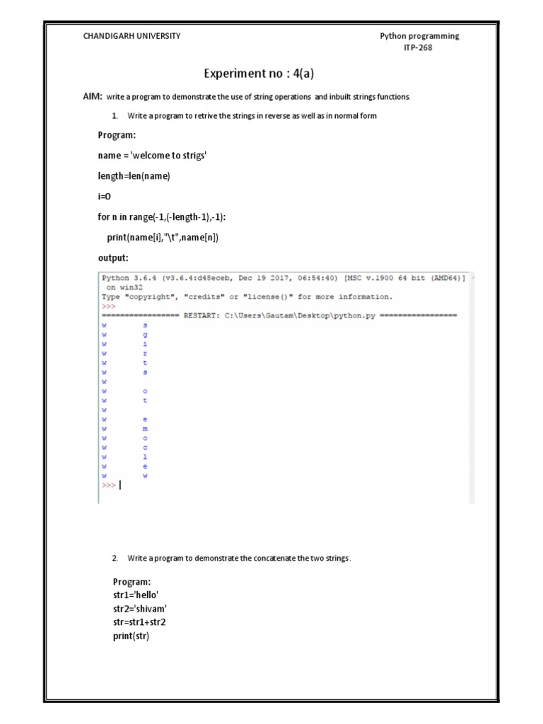 Experiment No: 4 (A) : Chandigarh University Python Programming ITP-268 ...