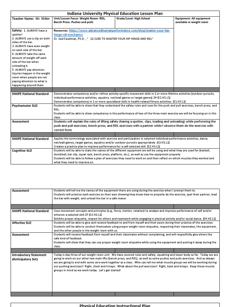 Indiana University Physical Education Lesson Plan: Hinge-Rdl-Mechanics ...