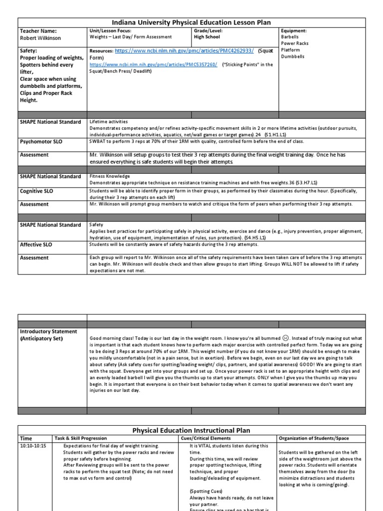 Indiana University Physical Education Lesson Plan: Robert Wilkinson ...