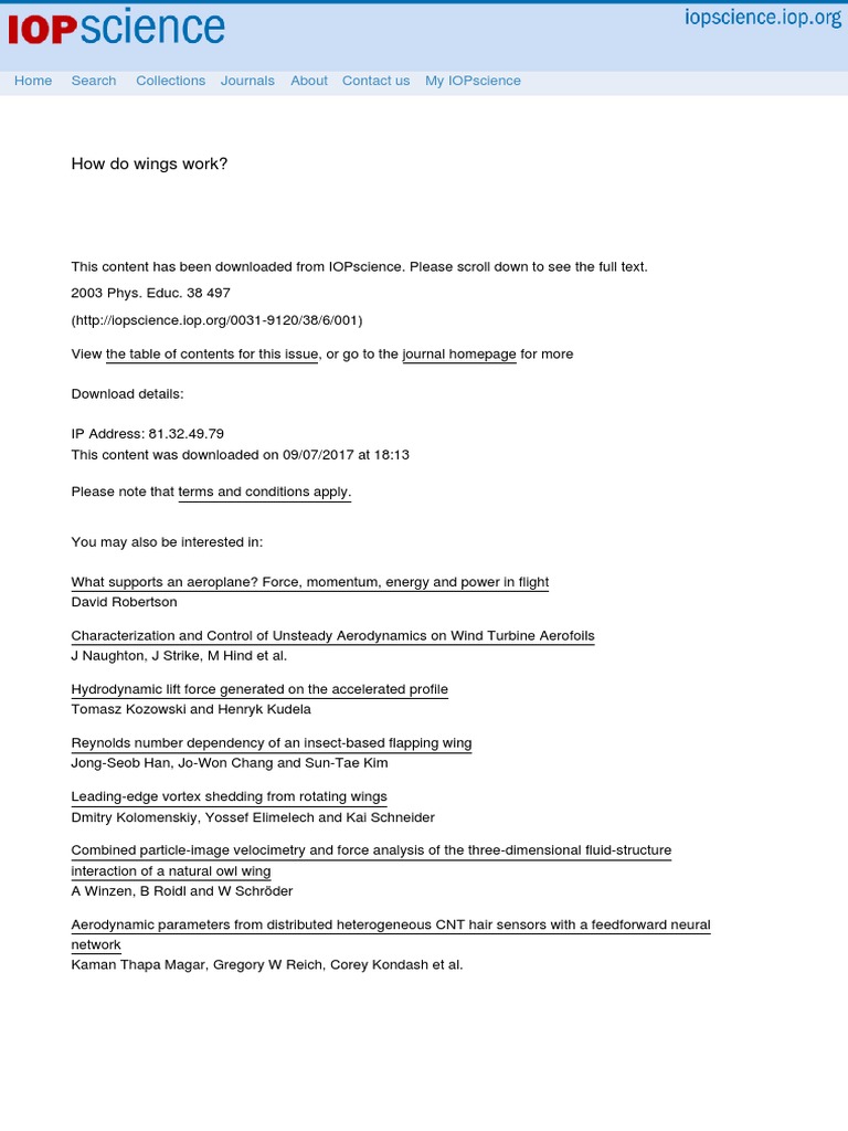 Holger Babinsky 2003 Phys. Educ. 38 001 | PDF | Lift (Force) | Airfoil