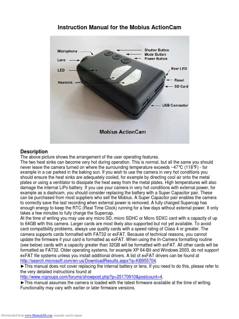 Instruction Manual For The Mobius Actioncam: Description | PDF ...