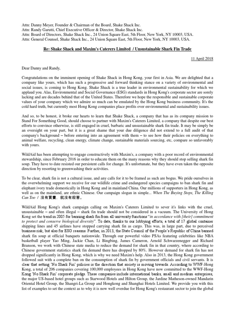 Letter Shake Shack Maxims | PDF | Hong Kong | Sustainability