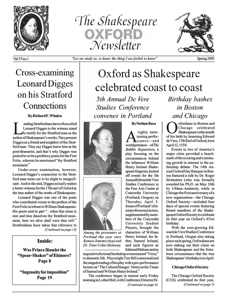 L Af O: Cthe Shakes Ewsletter | PDF | Shakespeare Authorship Question ...