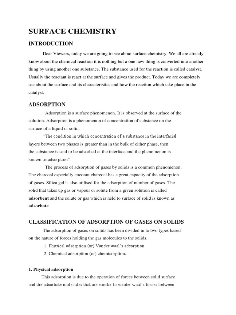 Surface Chemistry: Adsorption | PDF | Catalysis | Adsorption