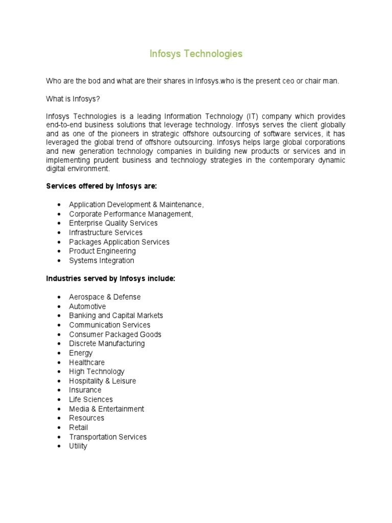 Infosys Technologies: Services Offered by Infosys Are | PDF | Business ...