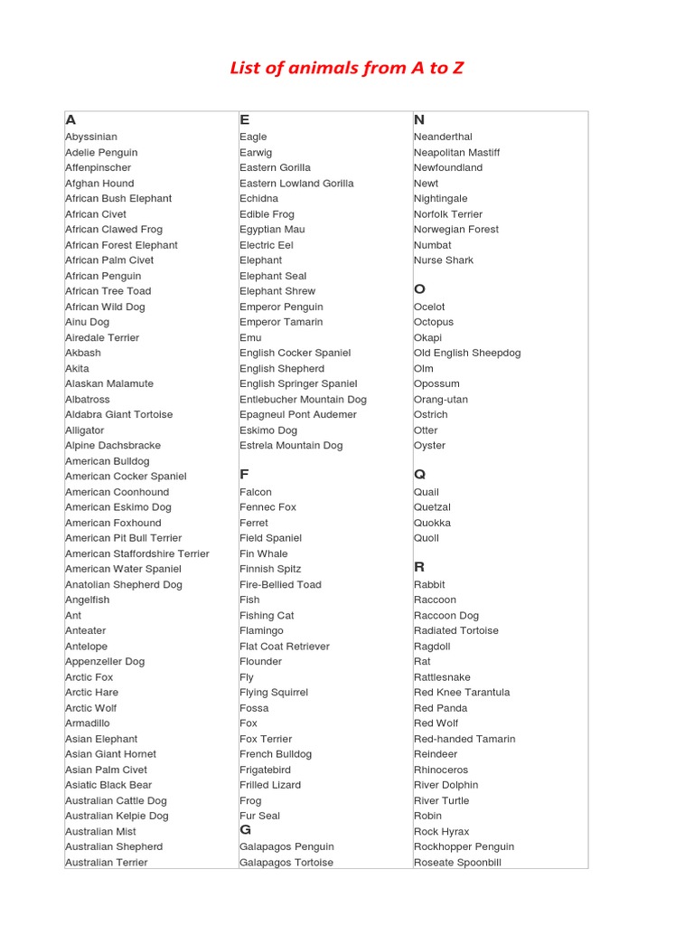 List of Animals From A To Z | PDF | Dogs | Dog Types