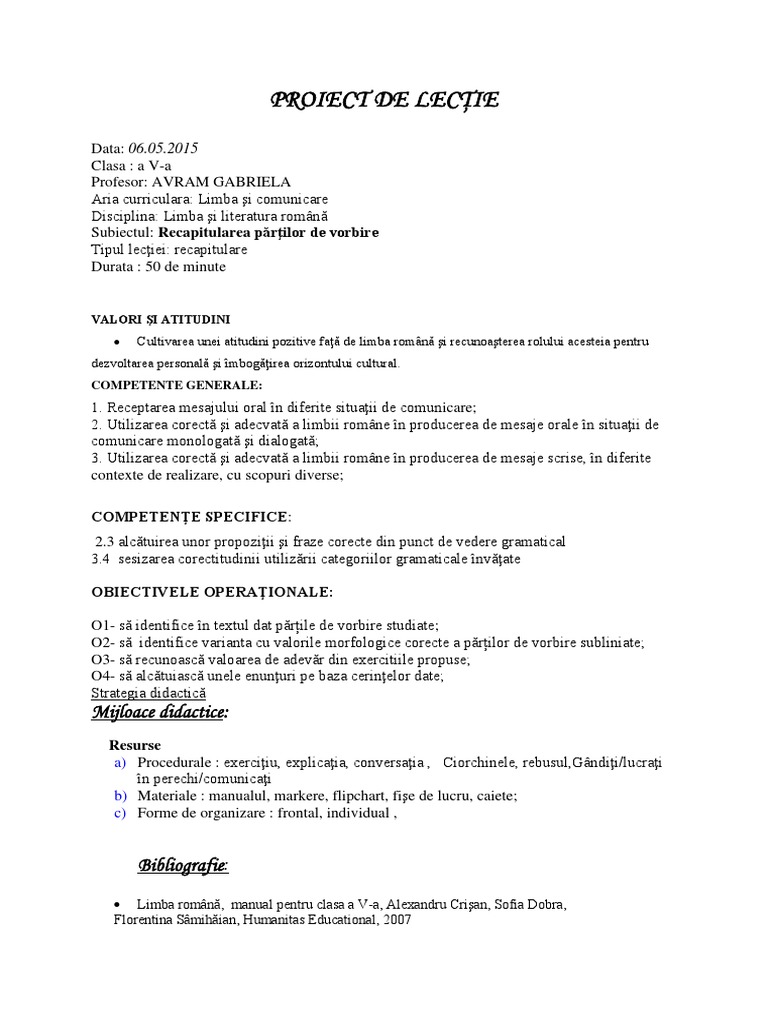 Proiect de Lectie - Docx Inspectie Clasa 5 | PDF