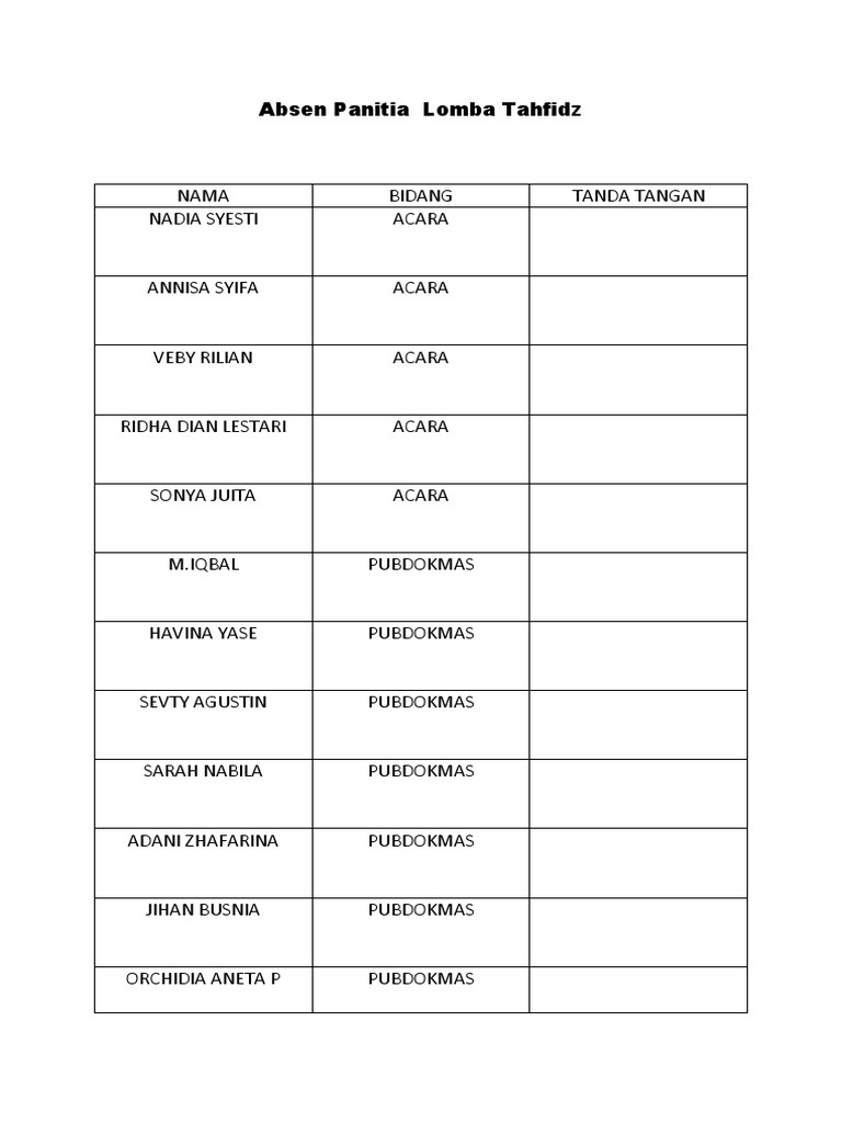 Absen Panitia Lomba Tahfidz | PDF