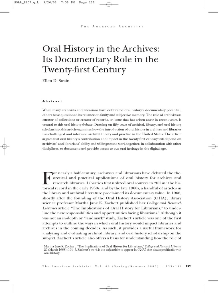 Oral History in The Archives: Its Documentary Role in The Twenty-First ...