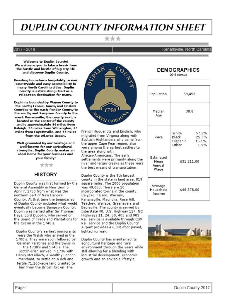 Duplin County Information Sheet: Demographics | PDF | North Carolina ...