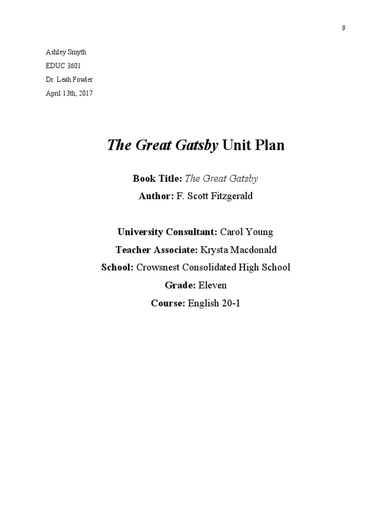 The Great Gatsby: Unit Plan | PDF | Cognition | Cognitive Science