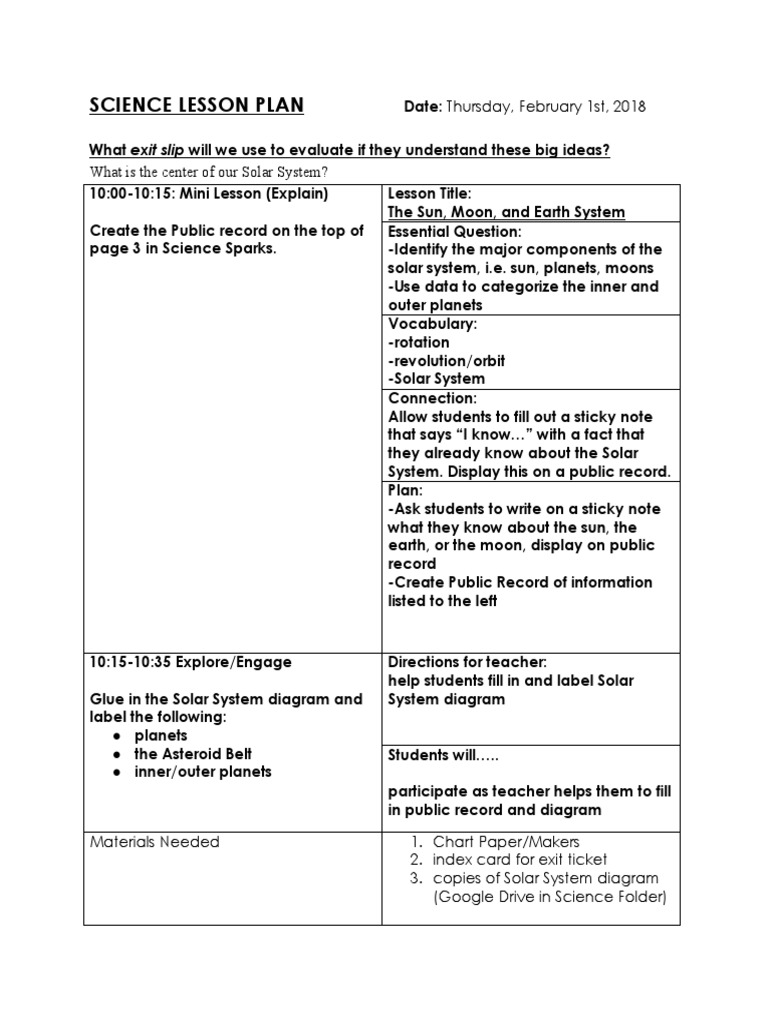 Science Lesson Plan: What Is The Center of Our Solar System? | PDF ...