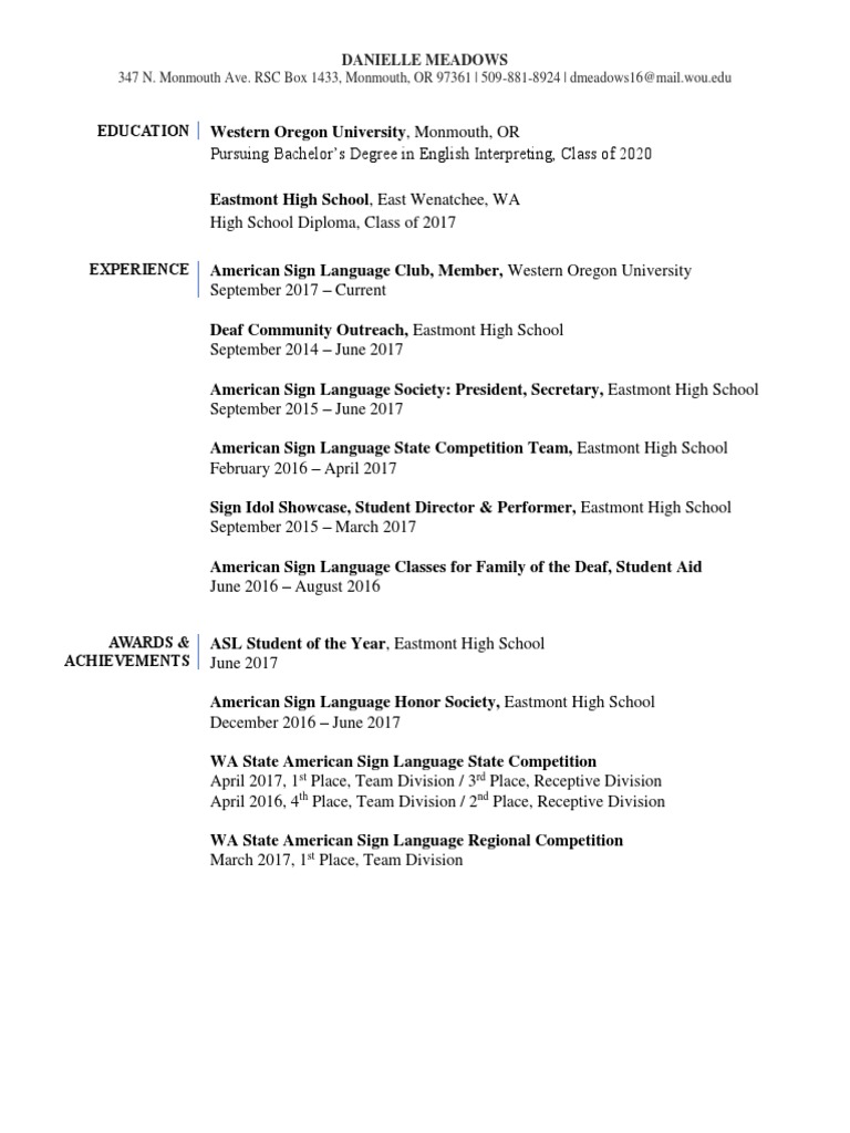 Danielle Meadows Asl-Specific Resume | PDF