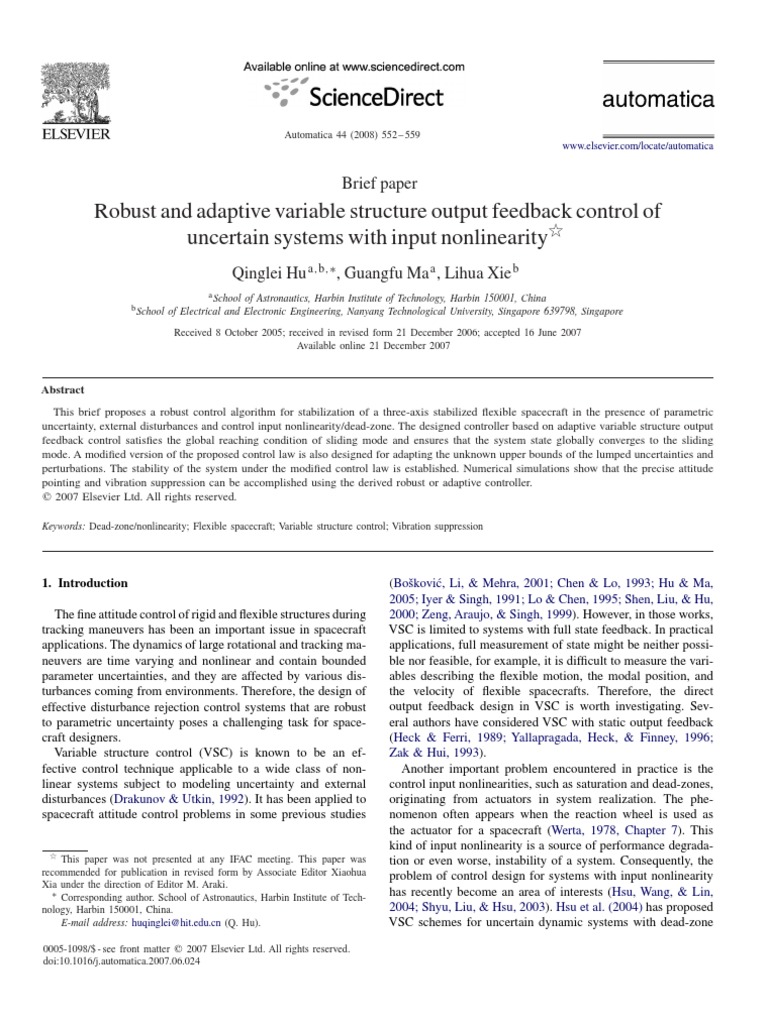 Robust and Adaptive Variable Structure Output Feedback Control of Uncertain Systems With Input ...