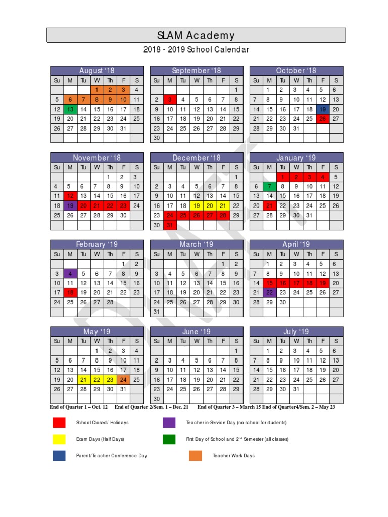 SLAM Academy: 2018 - 2019 School Calendar | PDF | Sports | Violence