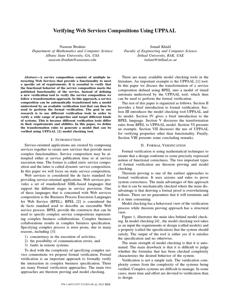 Verifying Web Services Compositions Using UPPAAL: Abstract-A Service Composition Consists of ...