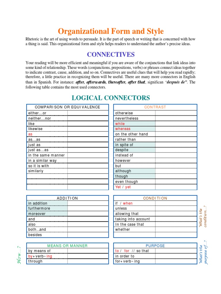 Connectors Tables 2 Pages | PDF | Word | Preposition And Postposition
