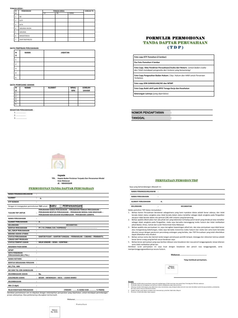 Permohonan Tanda Daftar Perusahaan TDP | PDF