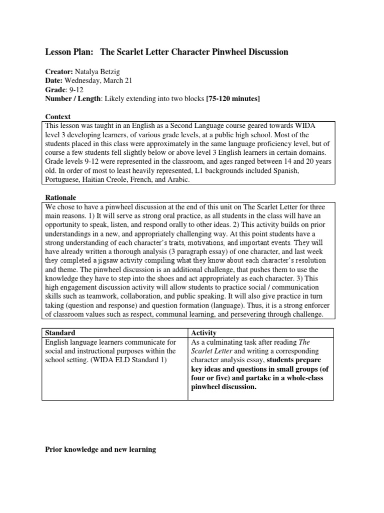Lesson Plan: The Scarlet Letter Character Pinwheel Discussion | PDF ...