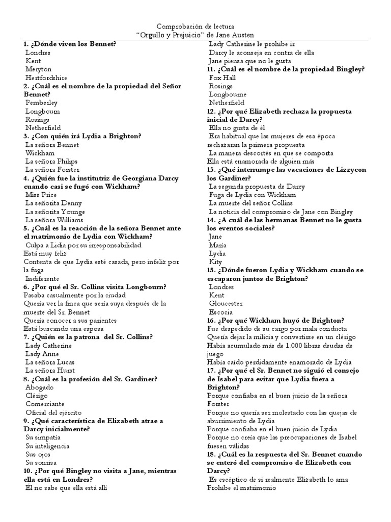 Comprobación de Lectura de Orgullo y Prejuicio | PDF | Orgullo y prejuicio