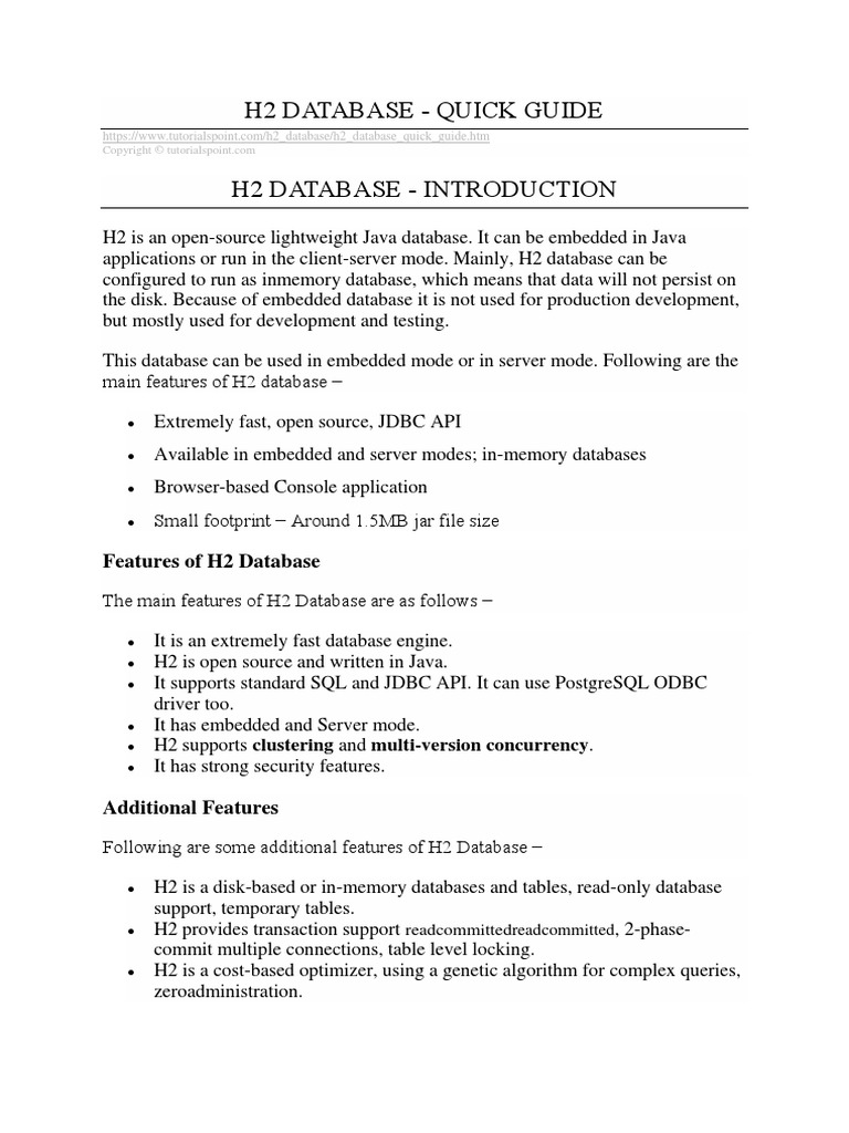 H2 Database - Quick Guide H2 Database - Introduction | PDF | Database ...