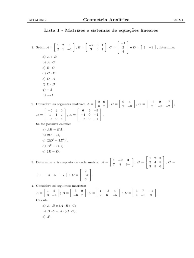 Lista1-GA Geometria Analítica UFSC | PDF | Determinant | Matrix (Mathematics)