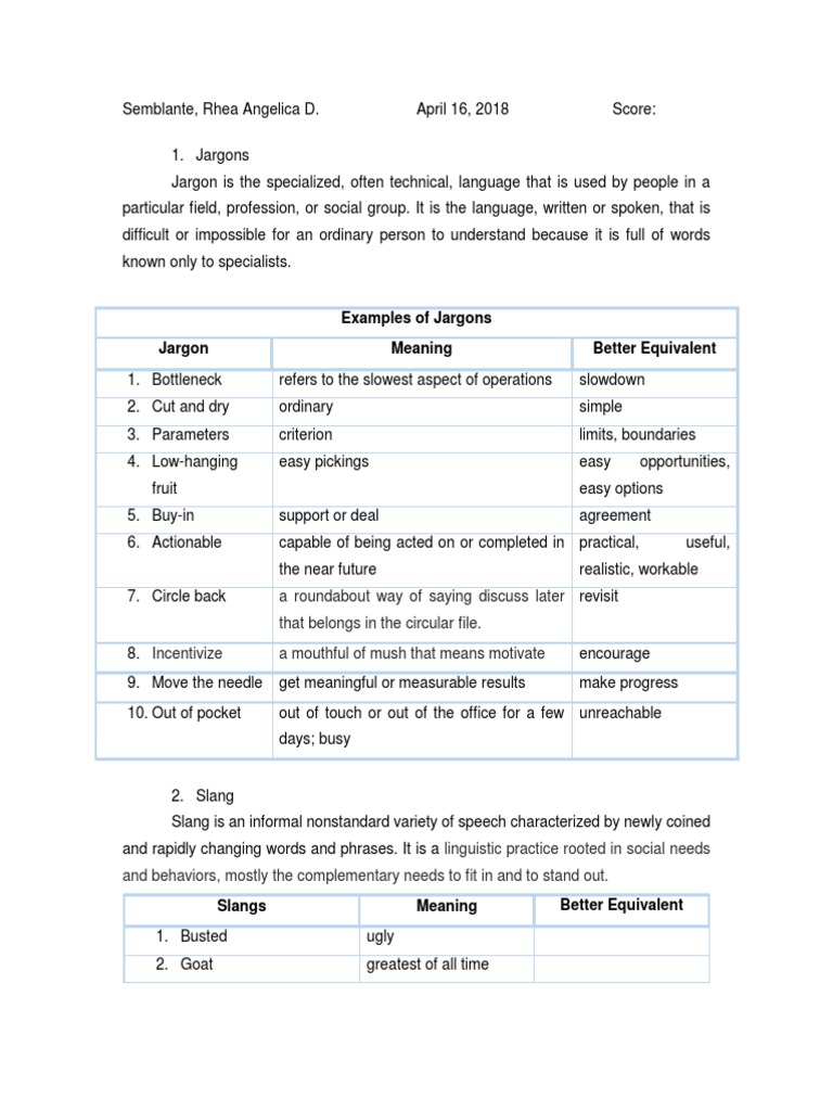 Examples of Jargons Jargon Meaning Better Equivalent | PDF | Jargon | Slang