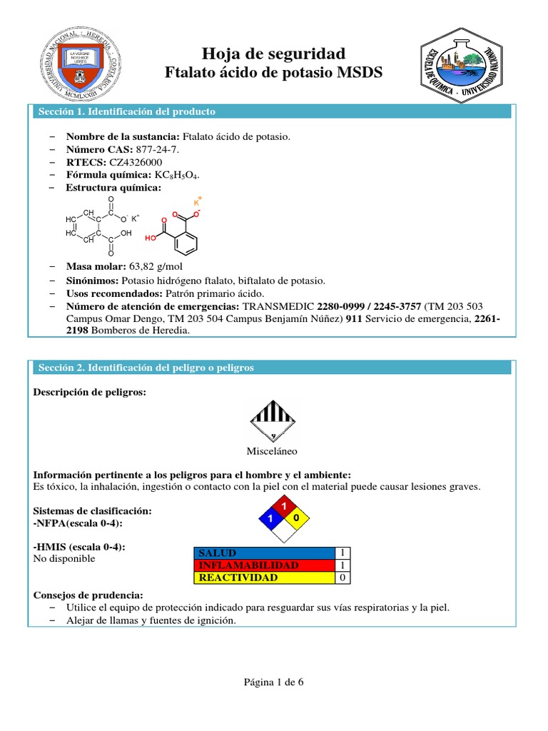 Hoja de seguridad: Ftalato ácido de potasio MSDS