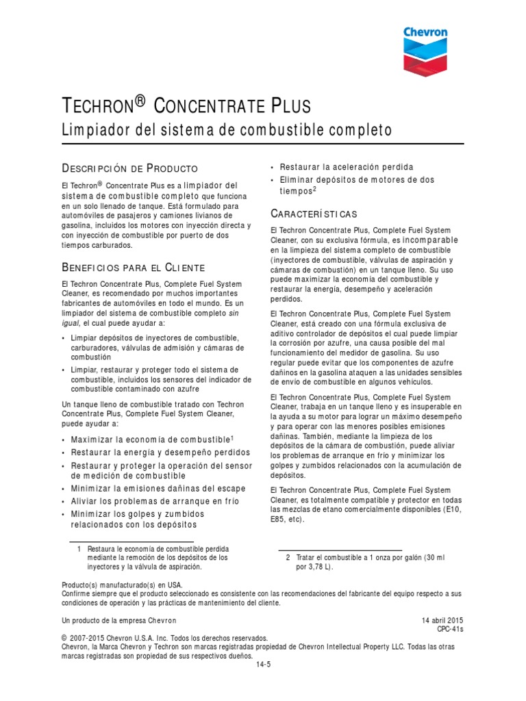 Techron® Concentrate Plus | PDF | Sustancias químicas | Combustibles