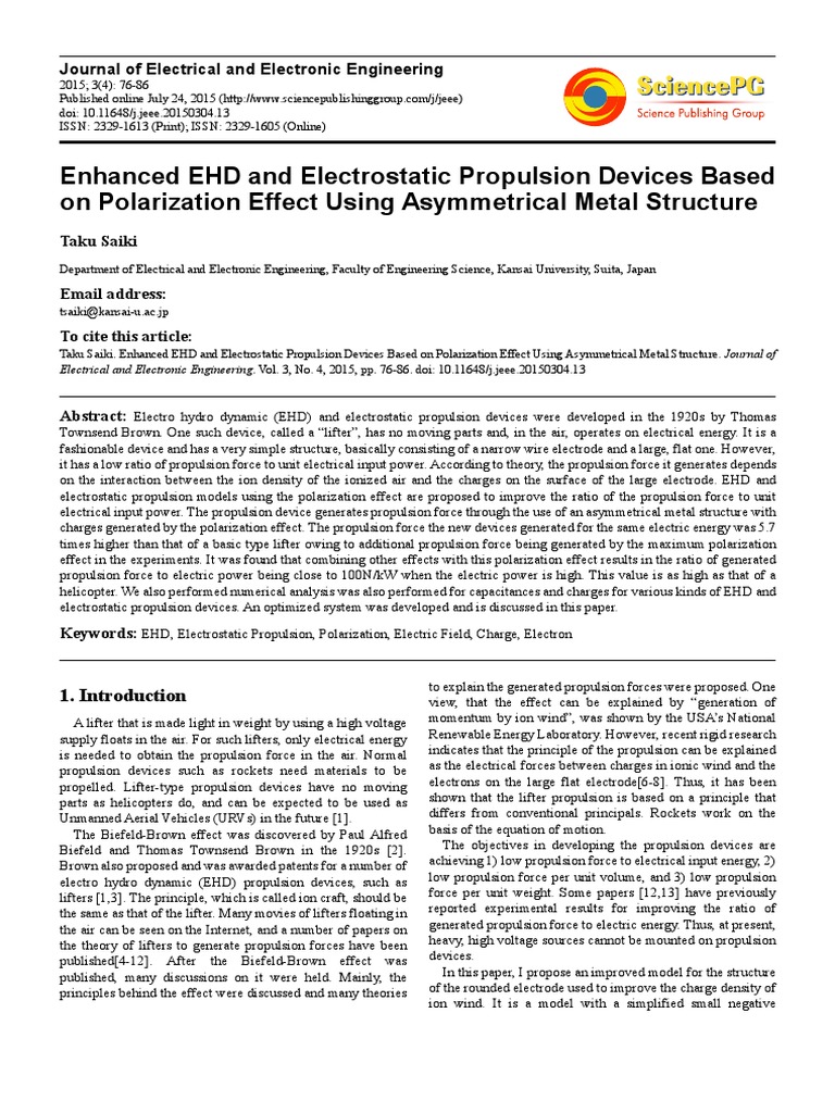Enhanced EHD and Electrostatic Propulsion Using Polarization | PDF ...