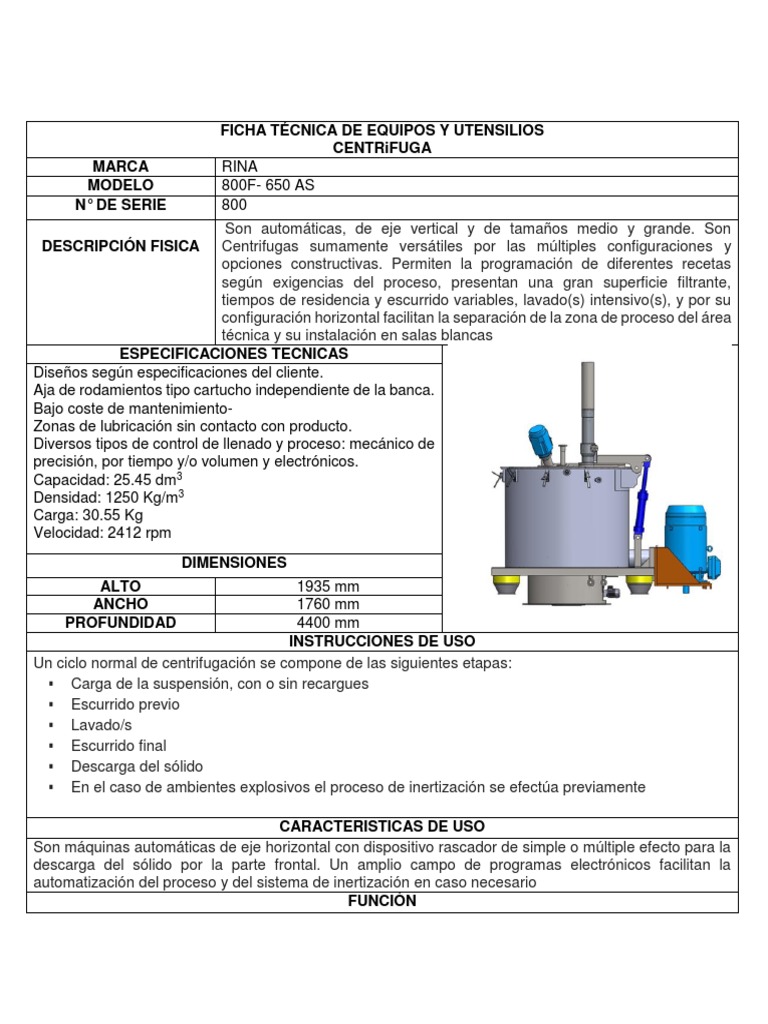Ficha Tecnica Centrifuga | PDF | Filtración | Acero