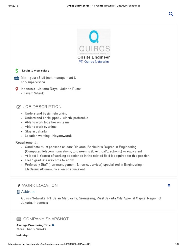 Onsite Engineer Job - PT. Quiros Networks - 2433099 - JobStreet | PDF ...