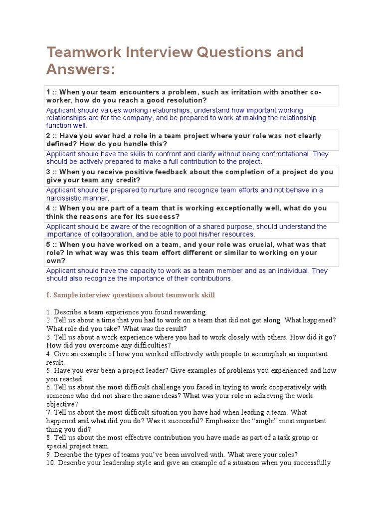 Teamwork Interview Questions and Answers | PDF | Psychology | Leadership