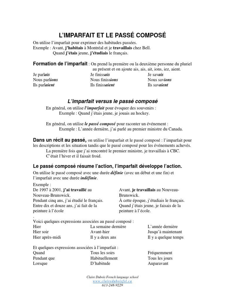 Limparfait Versus Passe Compose PDF | PDF | Personnes | Loisirs