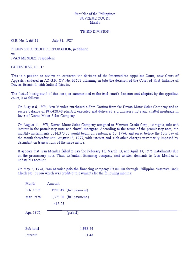 Filinvest Credit Corp. vs. Mendez | PDF | Lawsuit | Complaint