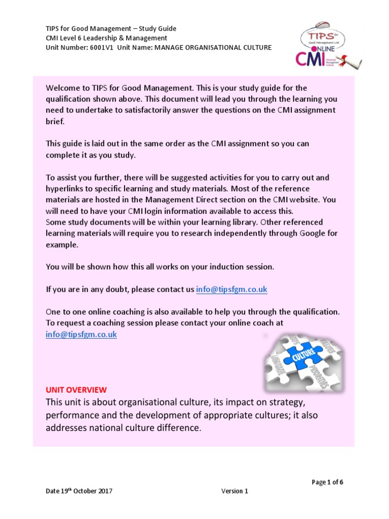 TIPS CMI Study Guide Level 6 Unit 6001V1 MZ | PDF | Organizational ...