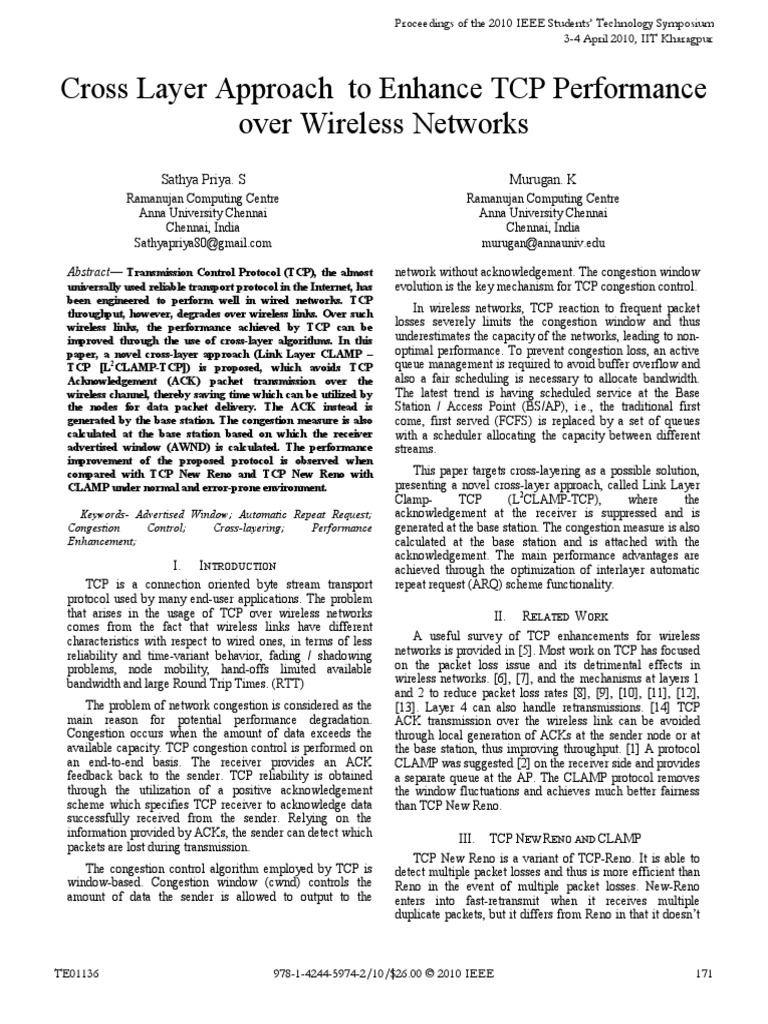 Cross Layer Approach To Enhance Tcp Performance Pdf Transmission 6011