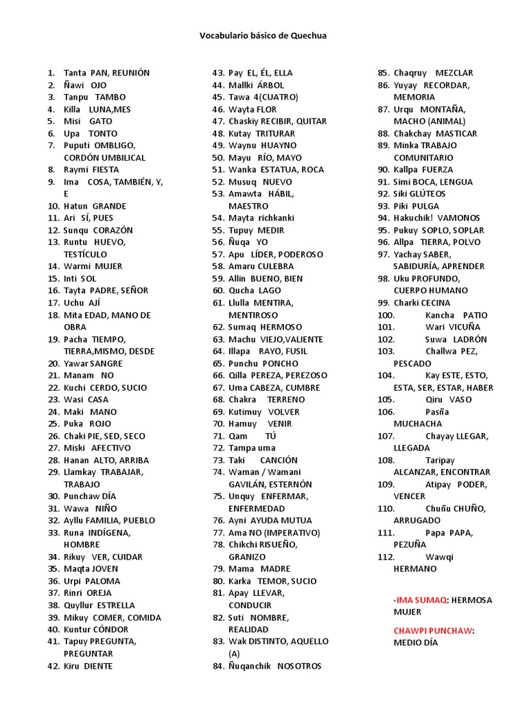 Vocabulario Básico de Quechua | Idiomas