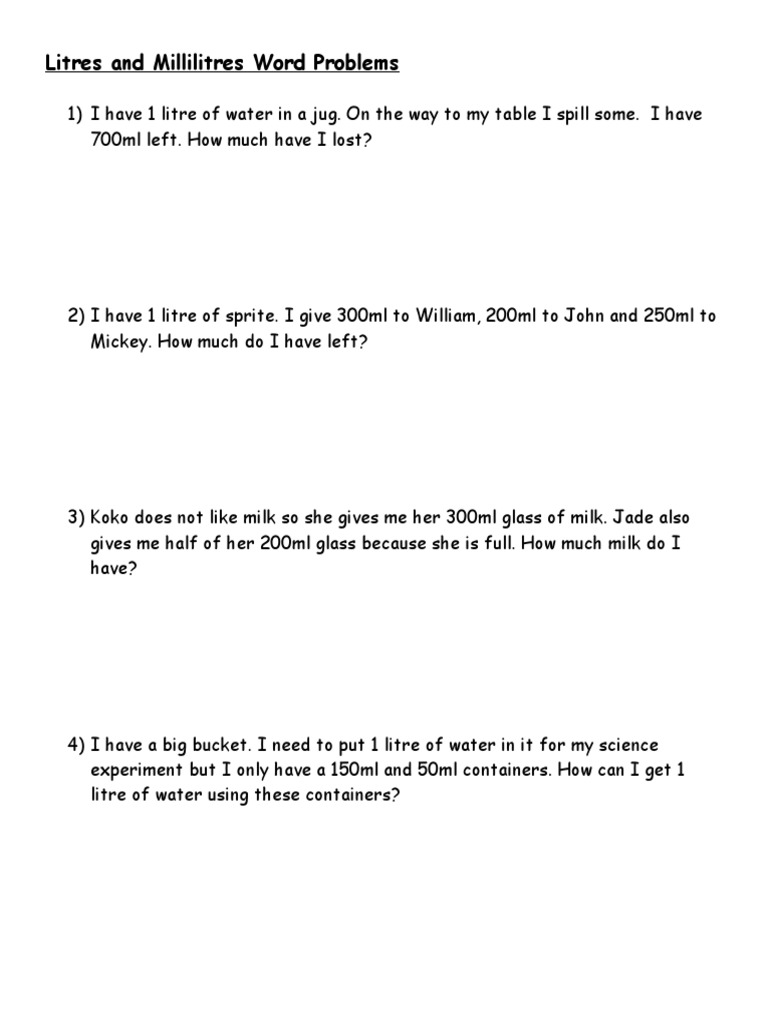 Capacity Word Problems2 | PDF | Wellness