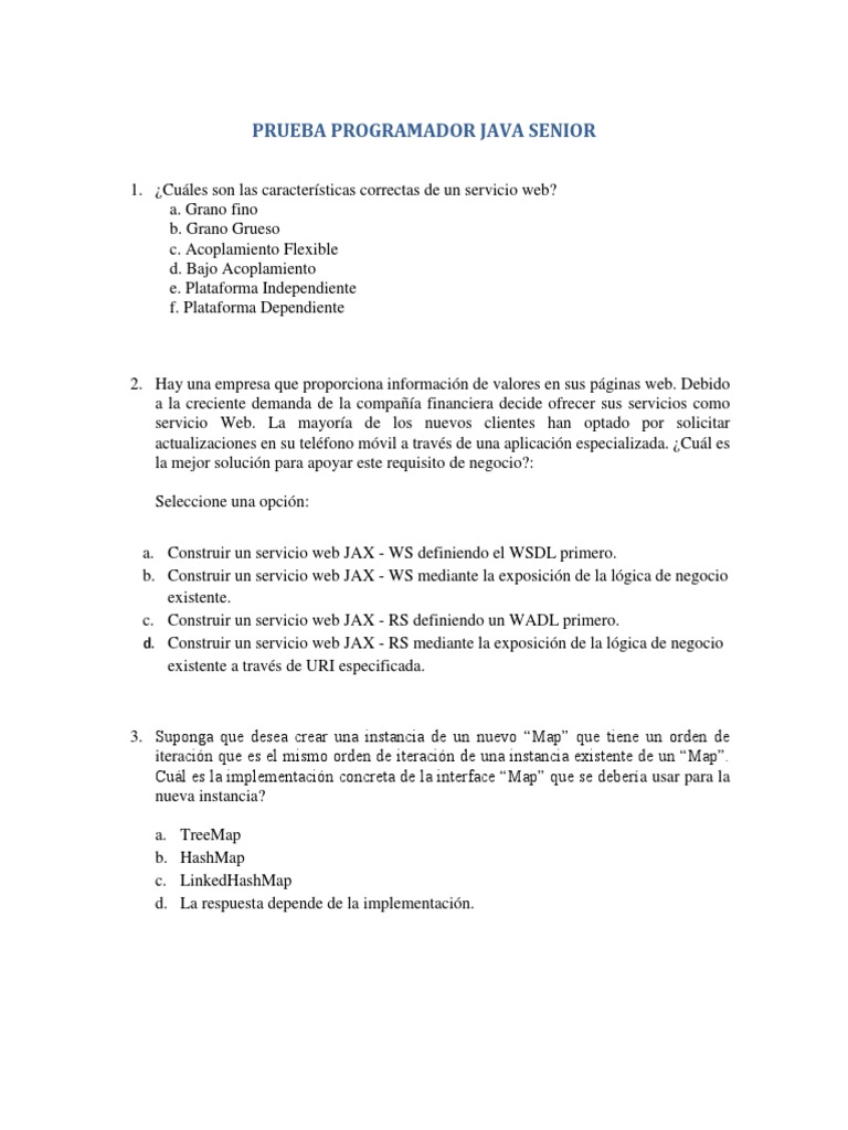 Prueba Java Senior | PDF | Java (lenguaje de programación) | Red mundial