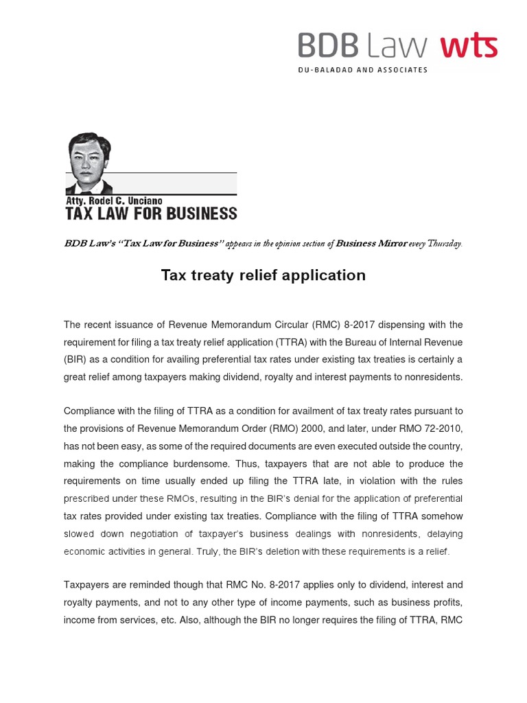 Tax Treaty Relief Application - RCU 5 25 17 | PDF | Tax Treaty | Taxes